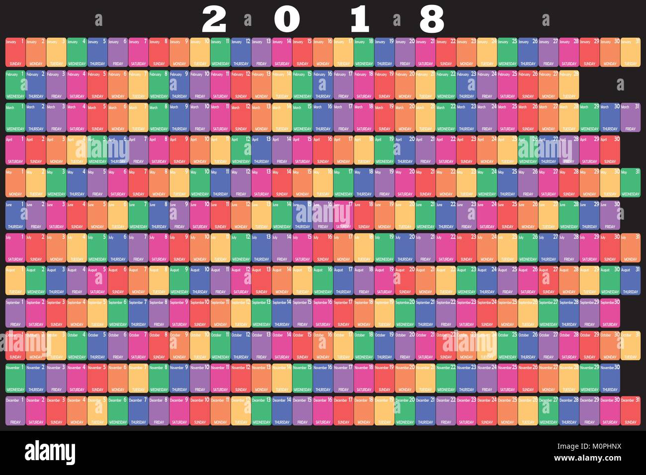 2018 Annual Planner color weekdays white note space on black background ...