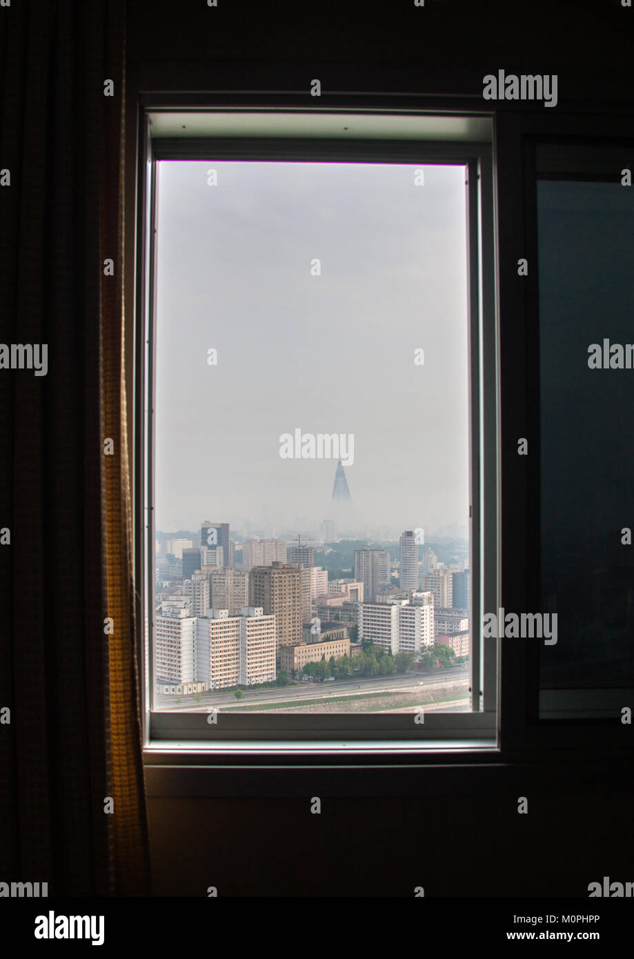 Looking through a window toward the city, Pyongan Province, Pyongyang ...