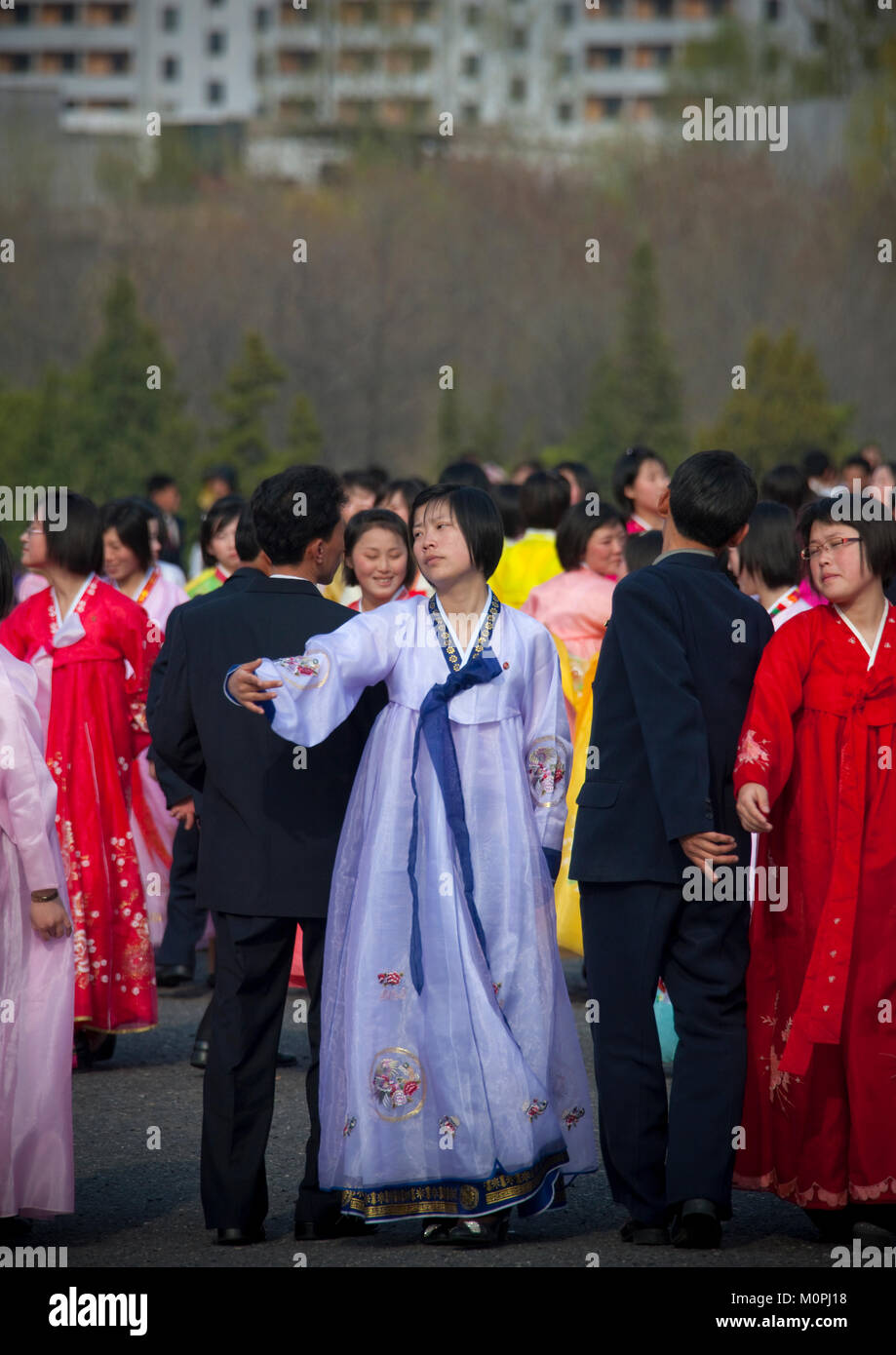 North Korean young adults during a mass dance performance in front of ...