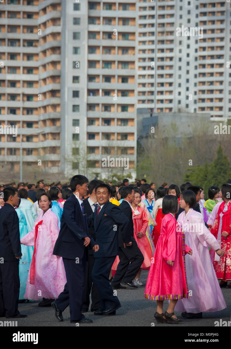 North Korean young adults during a mass dance performance in front of ...