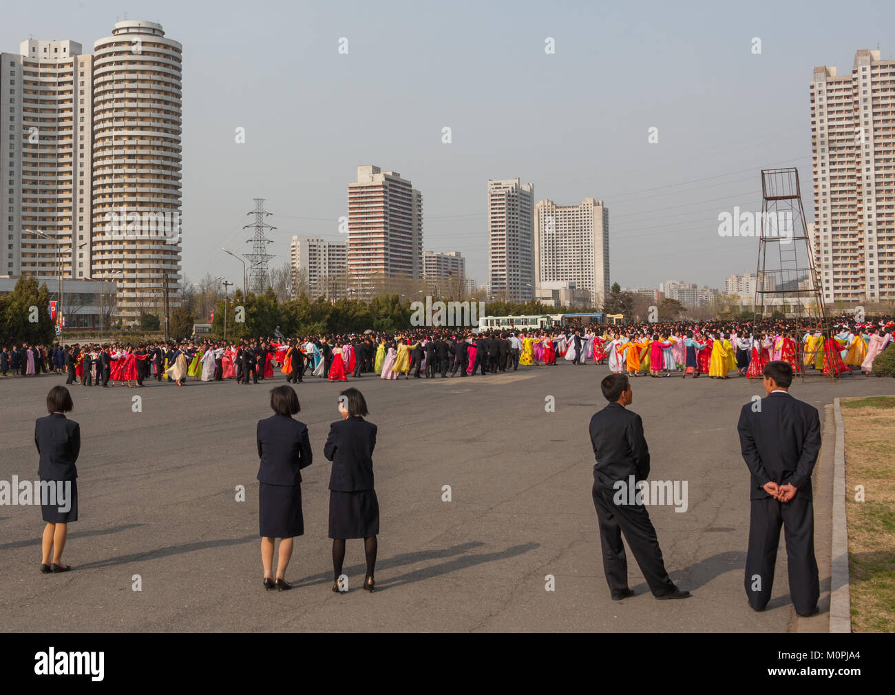 North Korean young adults during a mass dance performance in front of ...
