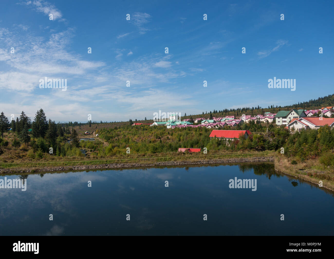 Village in front of a lake, Ryanggang Province, Samjiyon, North Korea ...