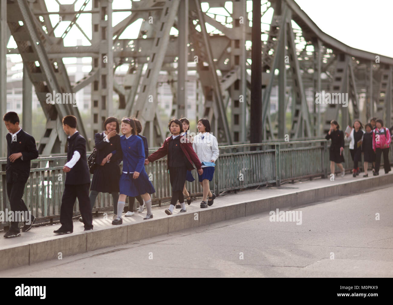 North Korean people crossing a bridge, Pyongan Province, Pyongyang ...
