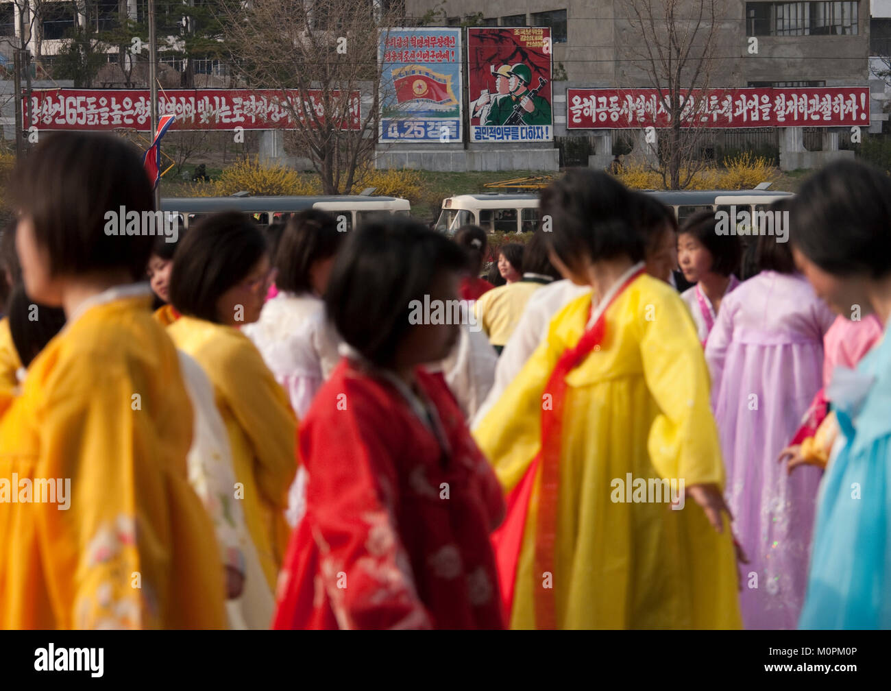 North Korean young adults during a mass dance performance in front of ...