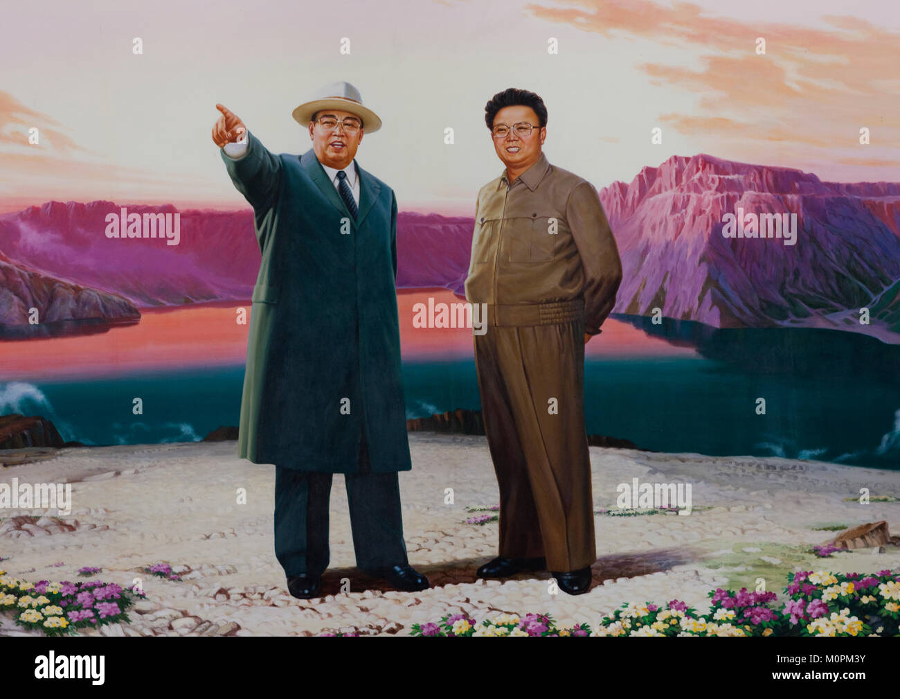Kim il Sung and Kim Jong il in mount Paektu propaganda poster, Pyongan ...