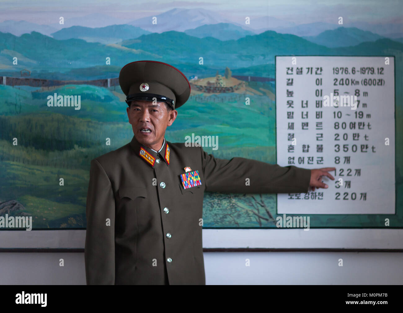 North Korean military officer in the section wall of the Demilitarized ...