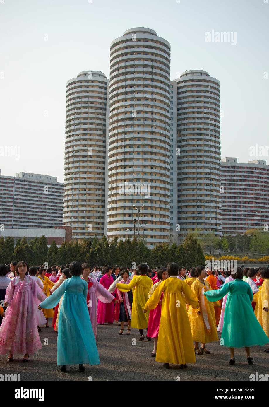 North Korean young adults during a mass dance performance in front of ...