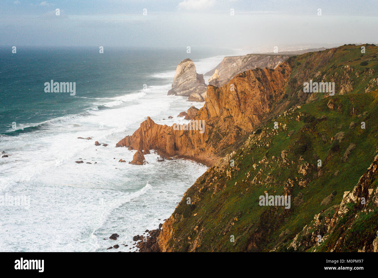 Cabo da Roca most western point of Europe at sunset. Ocean waves Stock ...