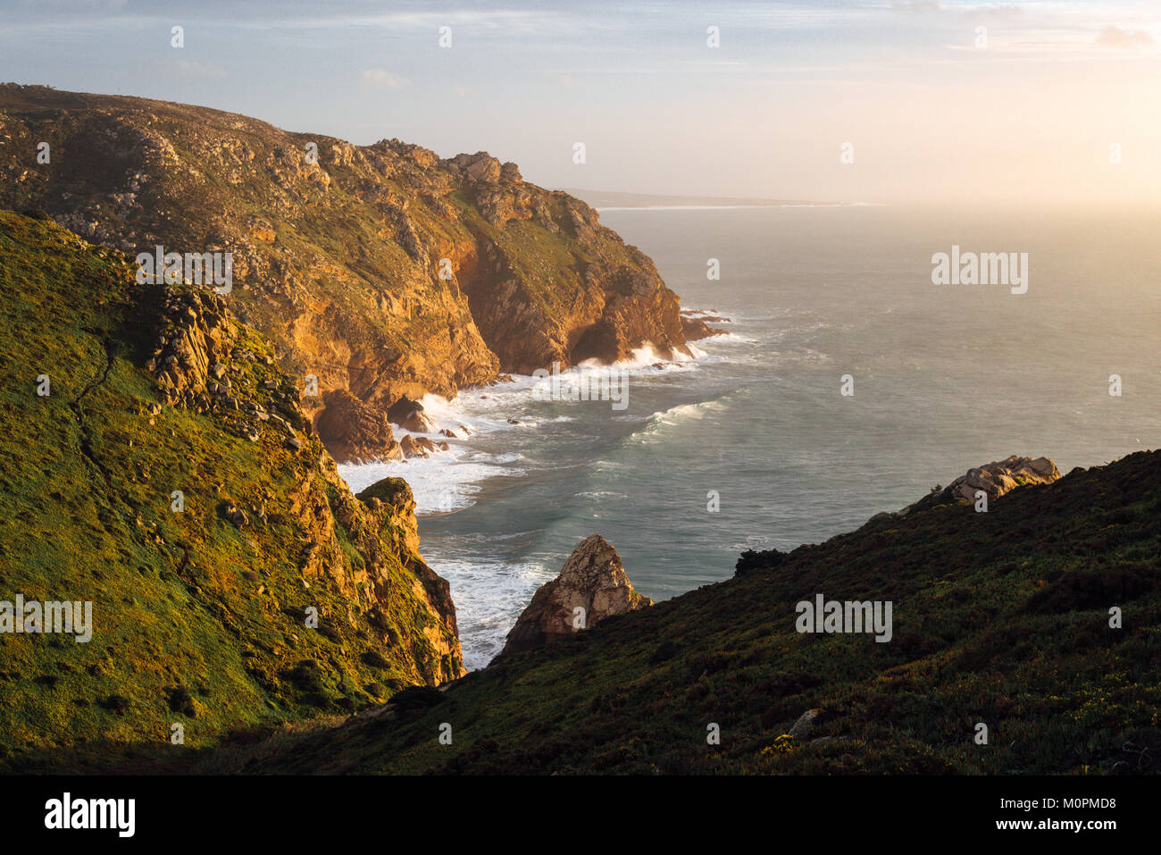 Cabo da Roca most western point of Europe at sunset. Ocean waves Stock ...