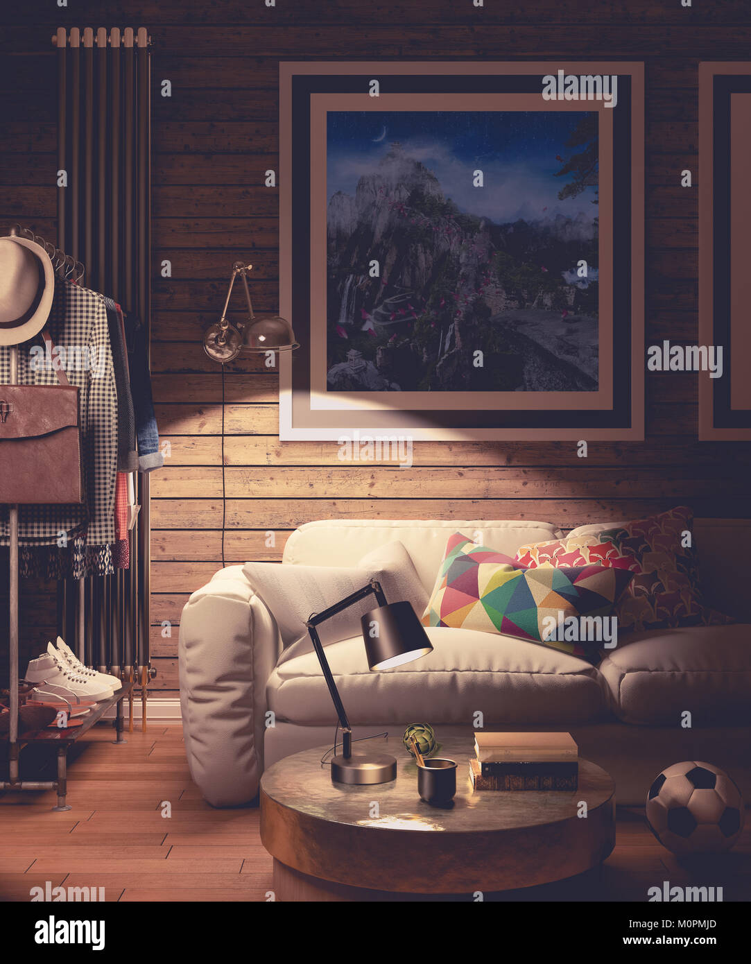 Vintage hipster loft interior background, 3D render Stock Photo - Alamy