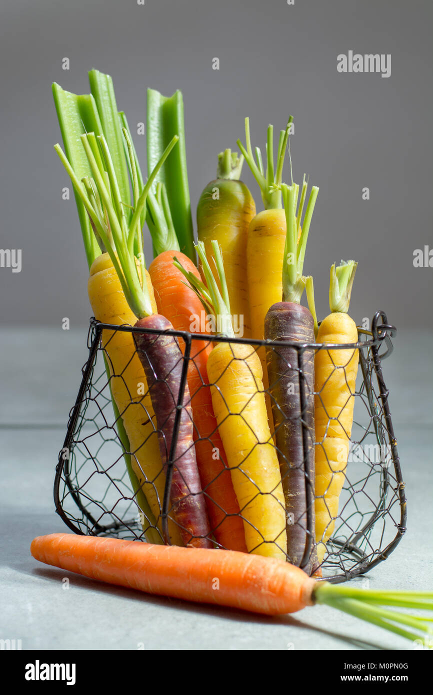 Colorful fresh raw purple, yellow and orange carrots roots Stock Photo ...