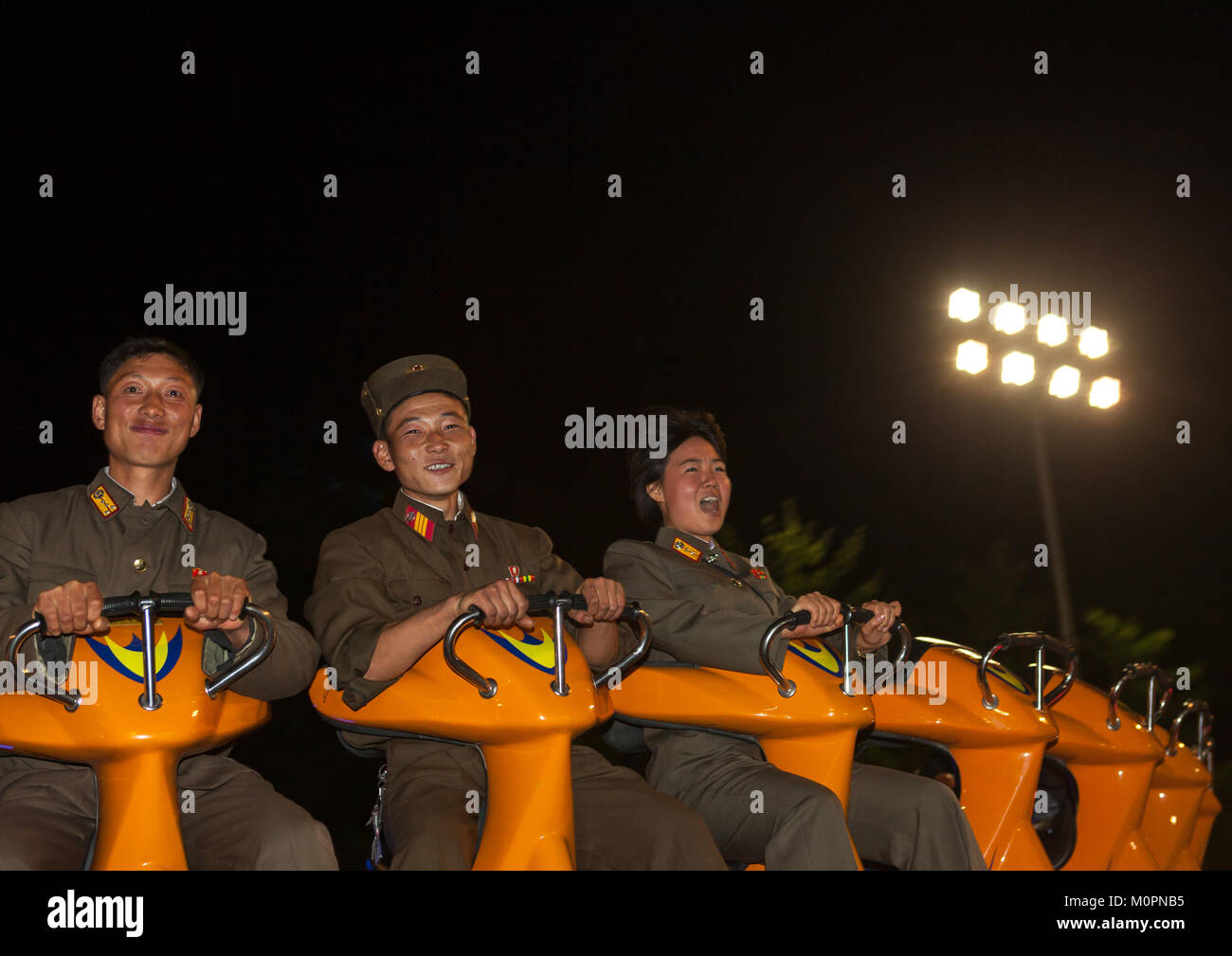 North Korean soldiers in a fairground attraction at Kaeson youth park ...