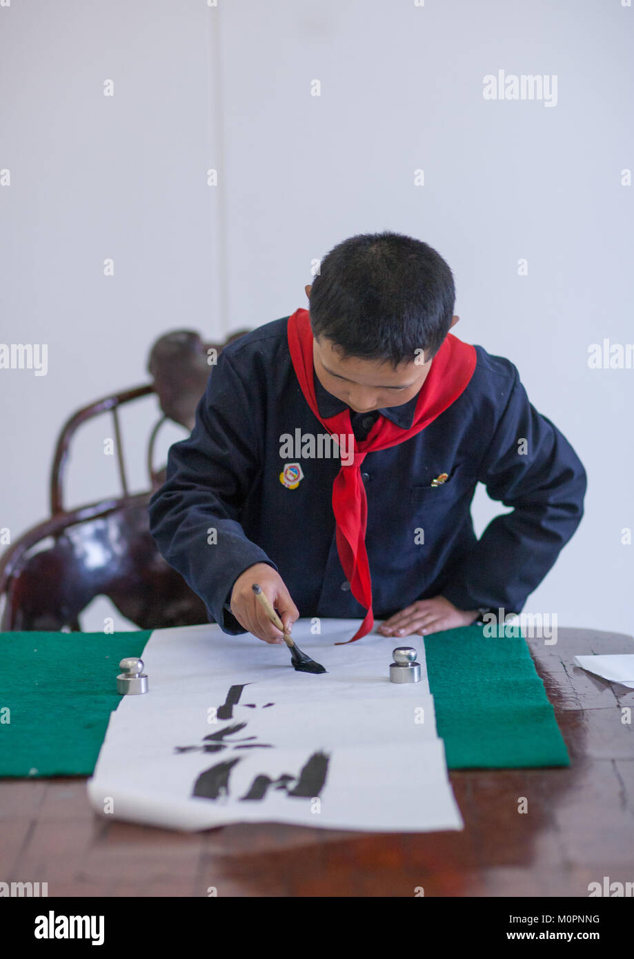North Korean pioneer boy in a calligraphy workshop in Mangyongdae ...
