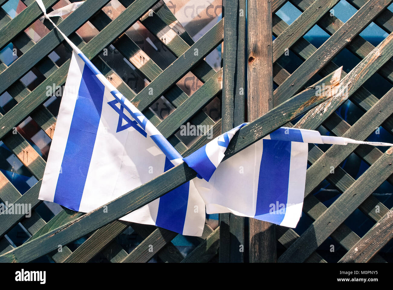 Israeli flags tied on wooden door in Tel Aviv, Israel Stock Photo - Alamy
