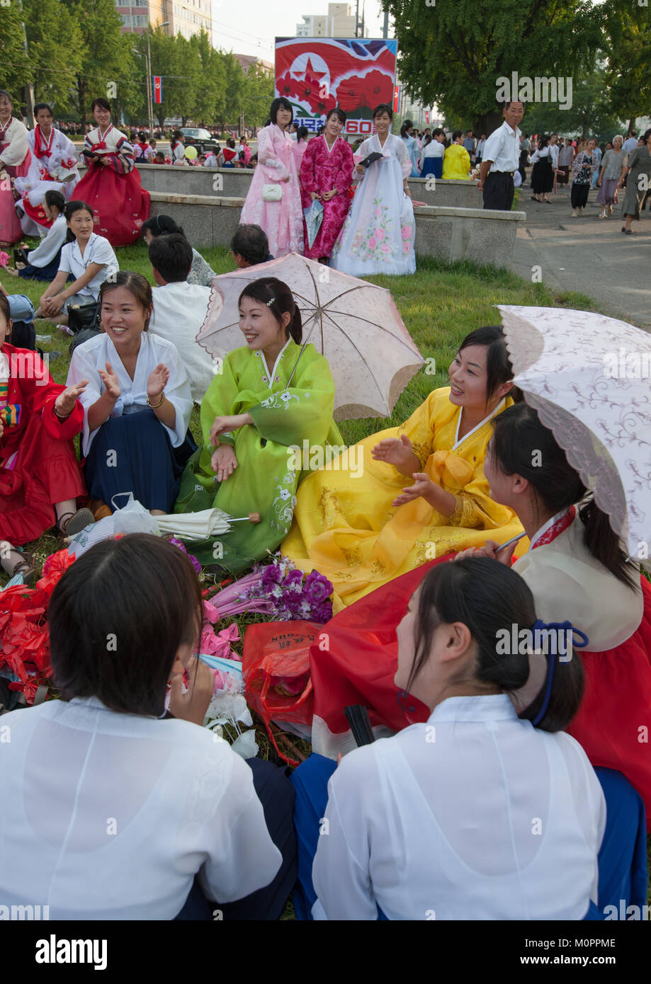 North Korean women in choson-ot in a park, Pyongan Province, Pyongyang ...