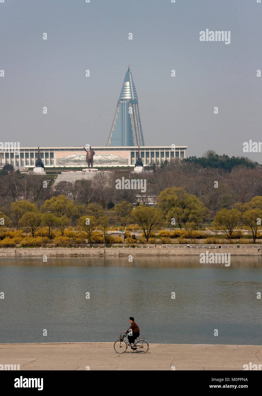 North Korean man passing along Taedong river with Ryugyong hotel in the ...