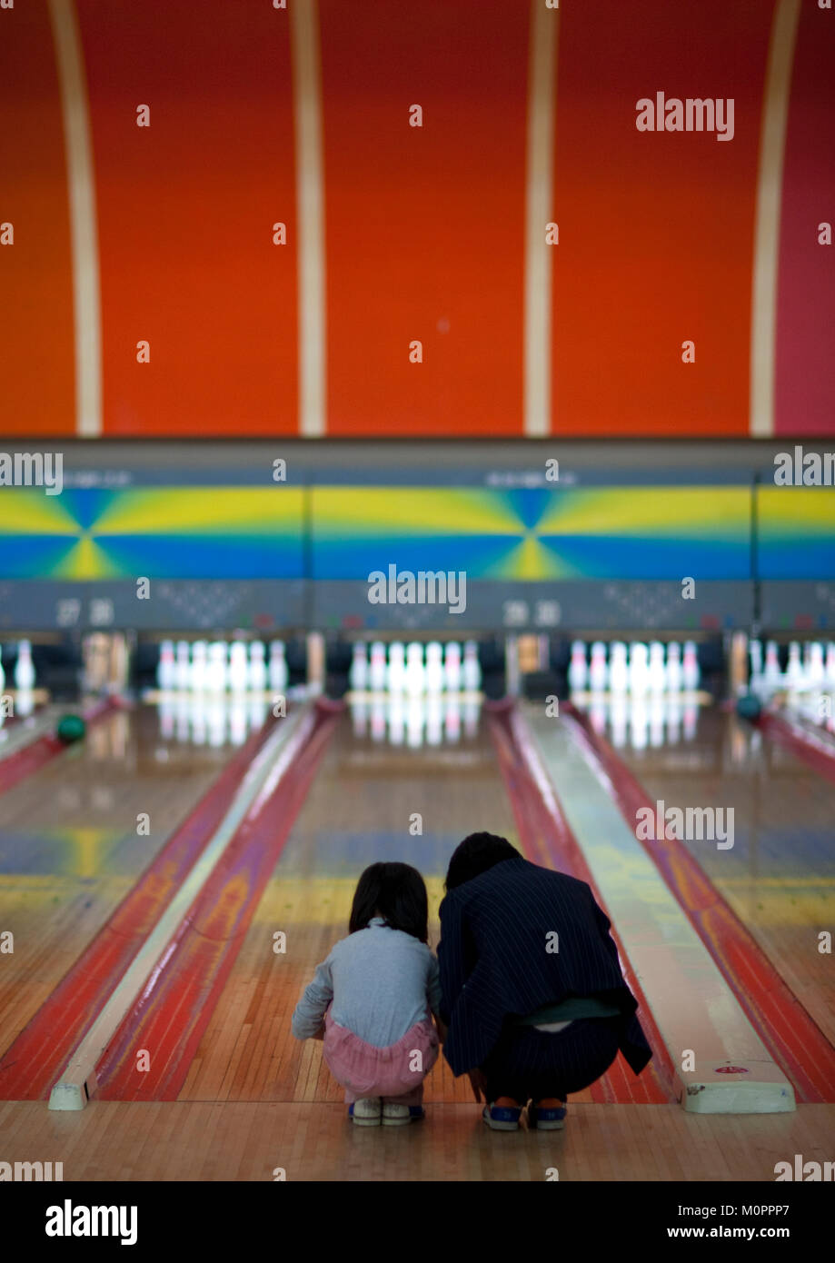North Korean people playing in the bowling, Pyongan Province, Pyongyang ...