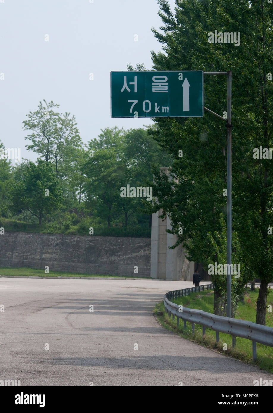 Seoul 70 km road sign on the Demilitarized Zone highway, North Hwanghae ...
