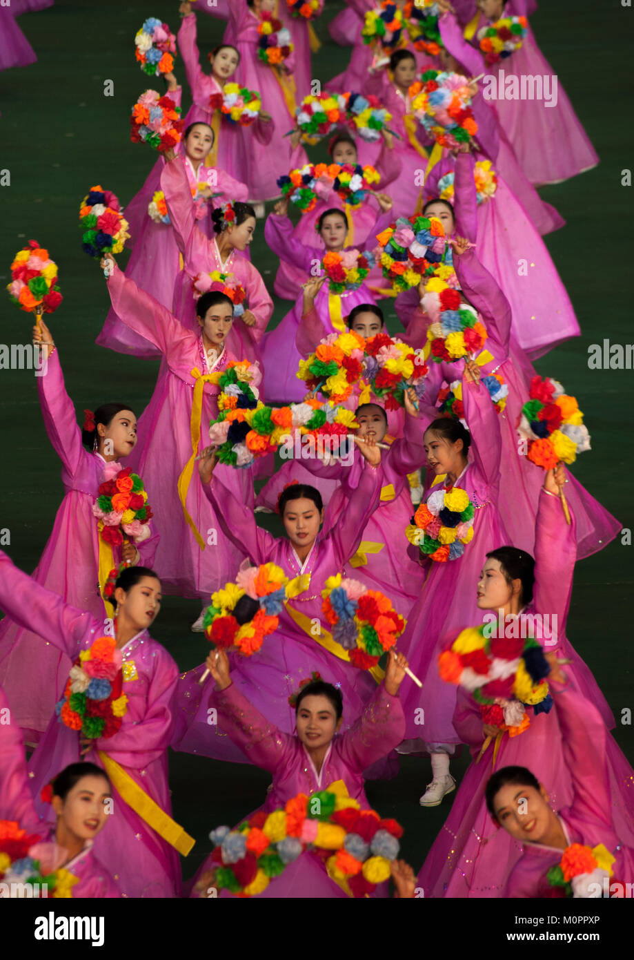 North Korean women dancing in choson-ot during the Arirang mass games ...