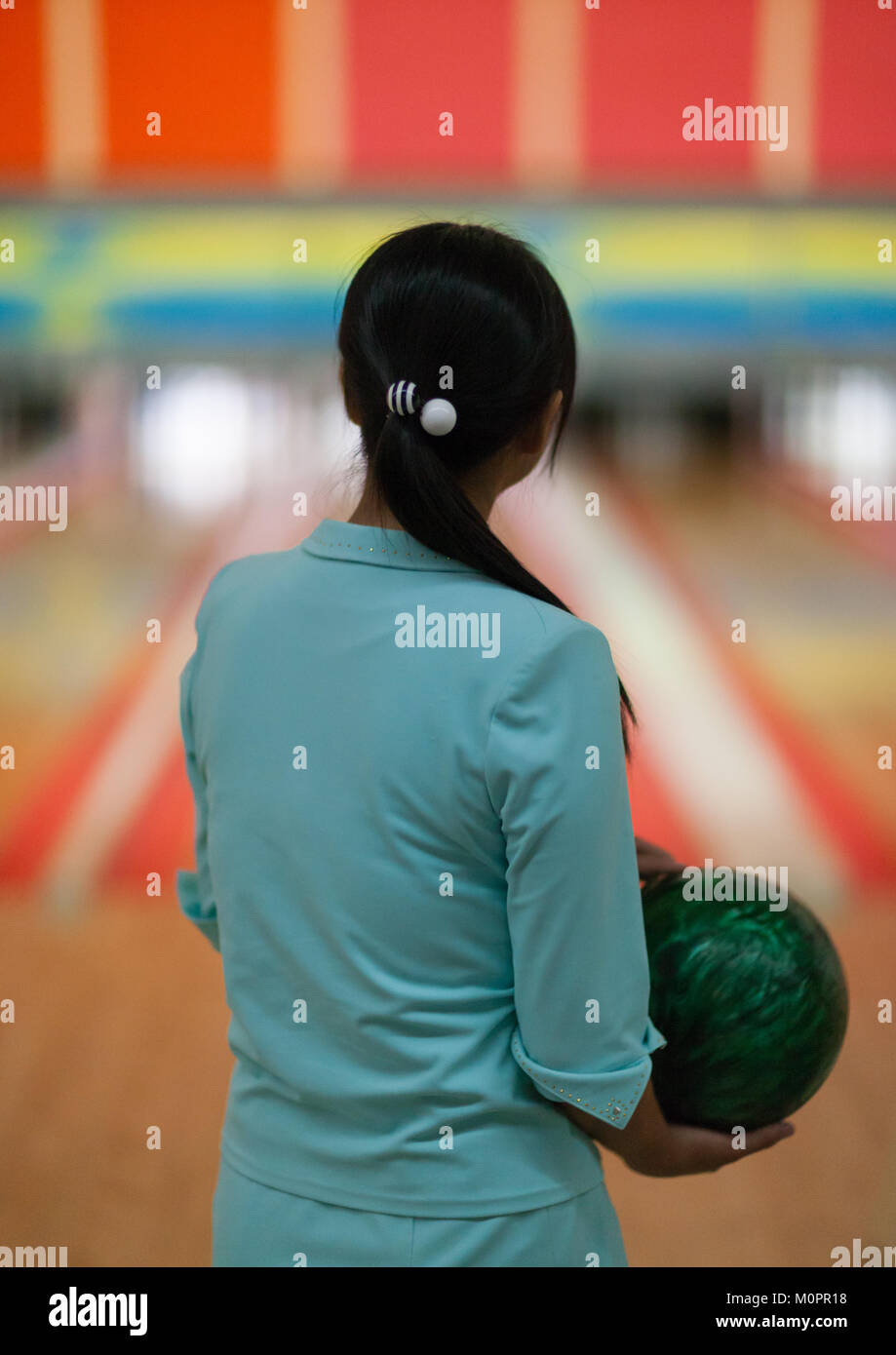 North Korean woman playing bowling, Pyongan Province, Pyongyang, North ...