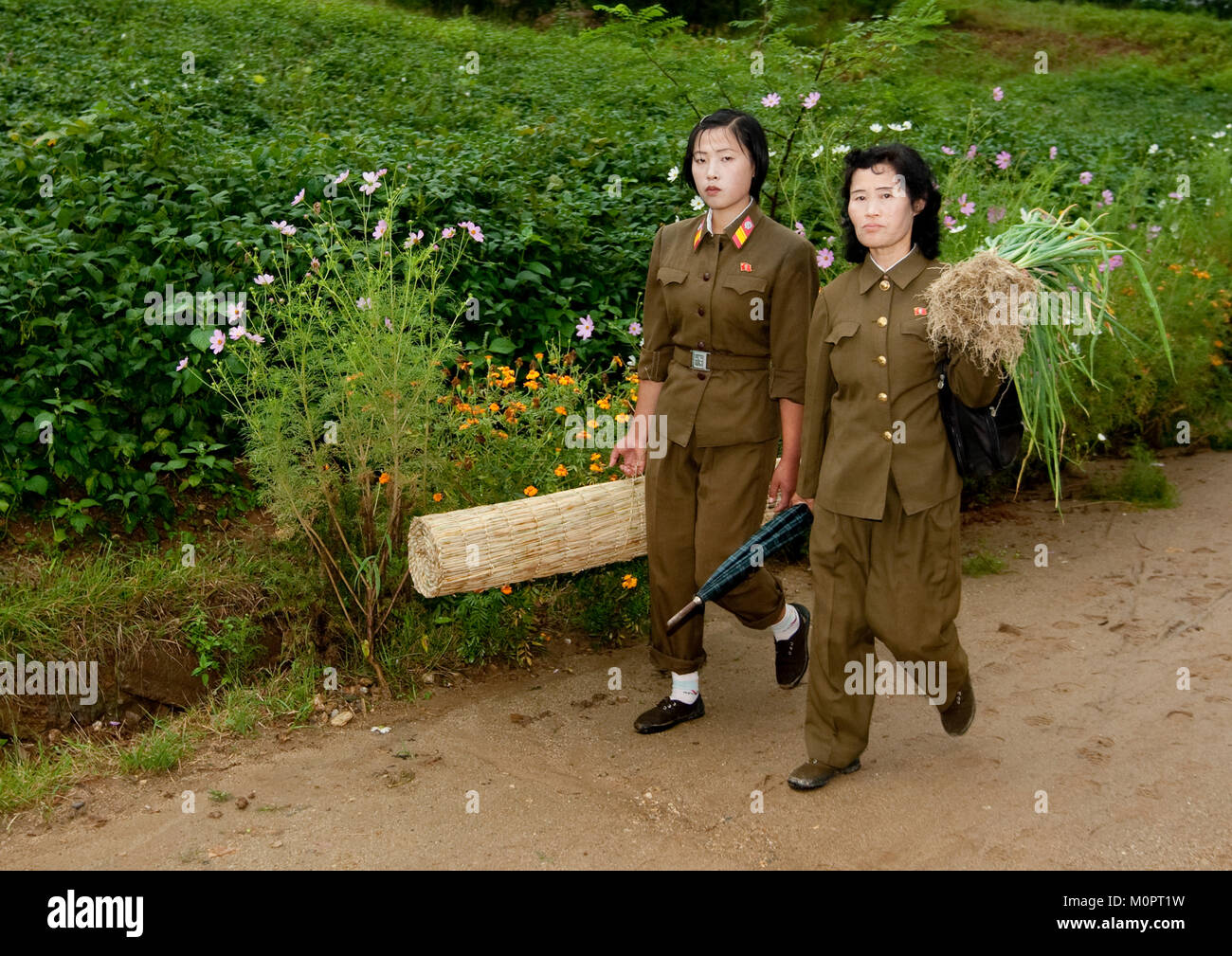 North Korean women soldiers walking in the countryside, North Hwanghae ...