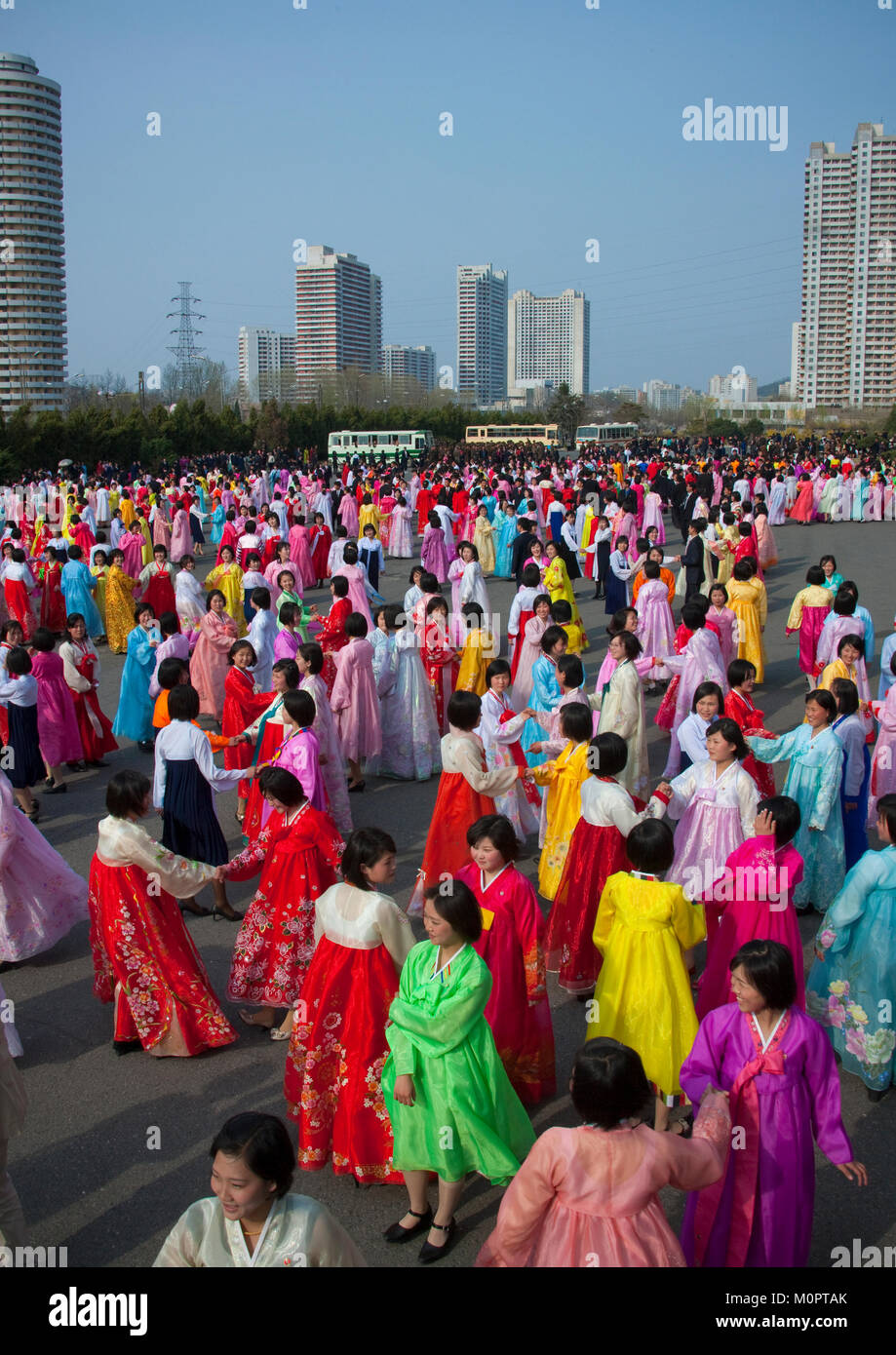 North Korean young adults during a mass dance performance in front of ...