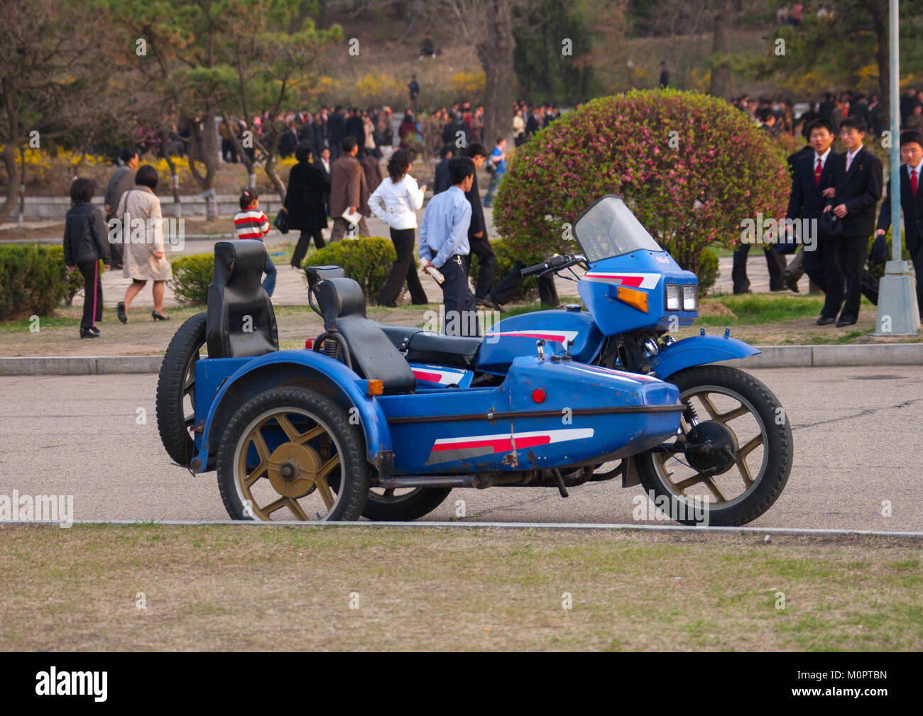 Blue sidecar parked in a park, Pyongan Province, Pyongyang, North Korea ...