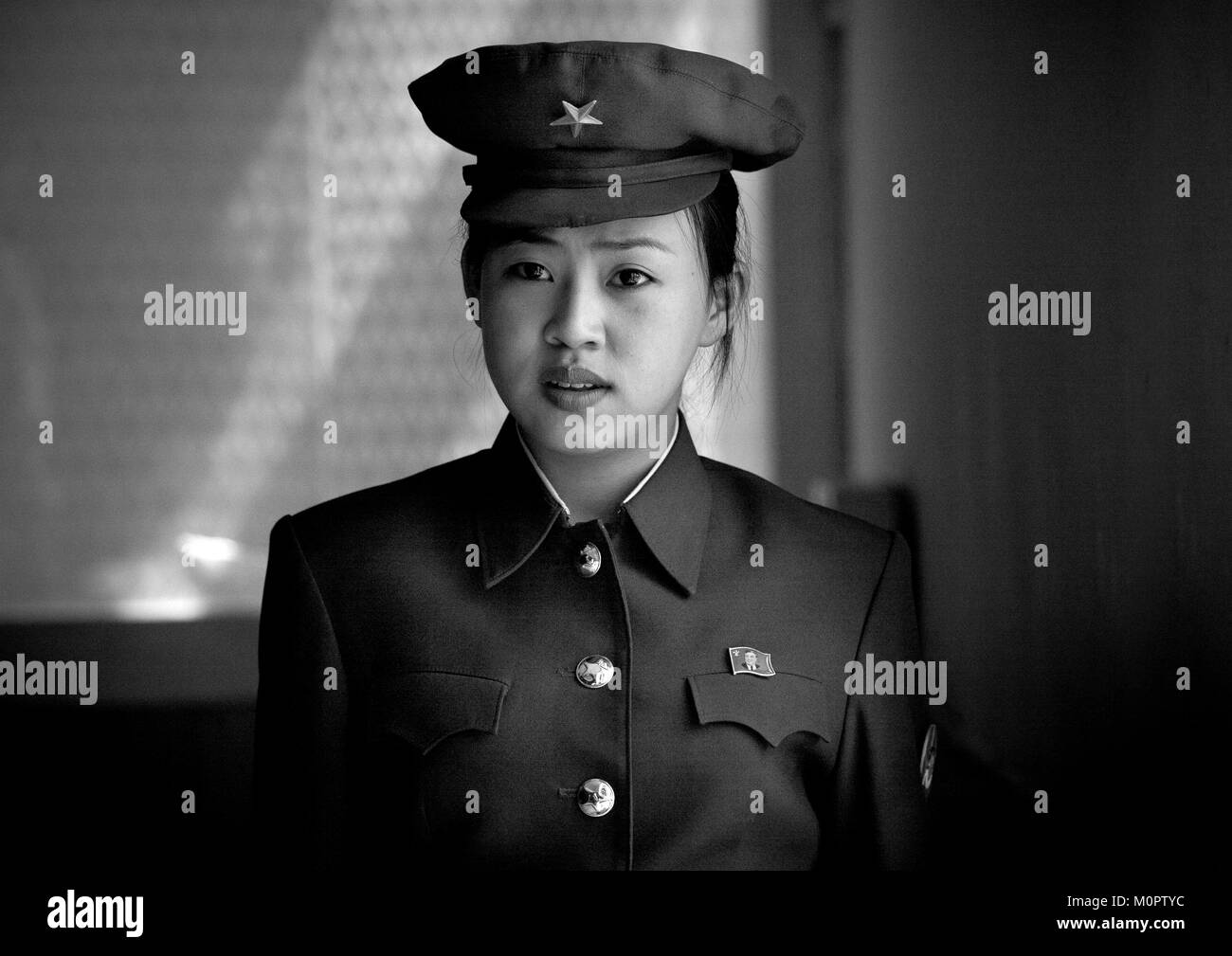 North Korean woman guard in central history museum, Pyongan Province ...