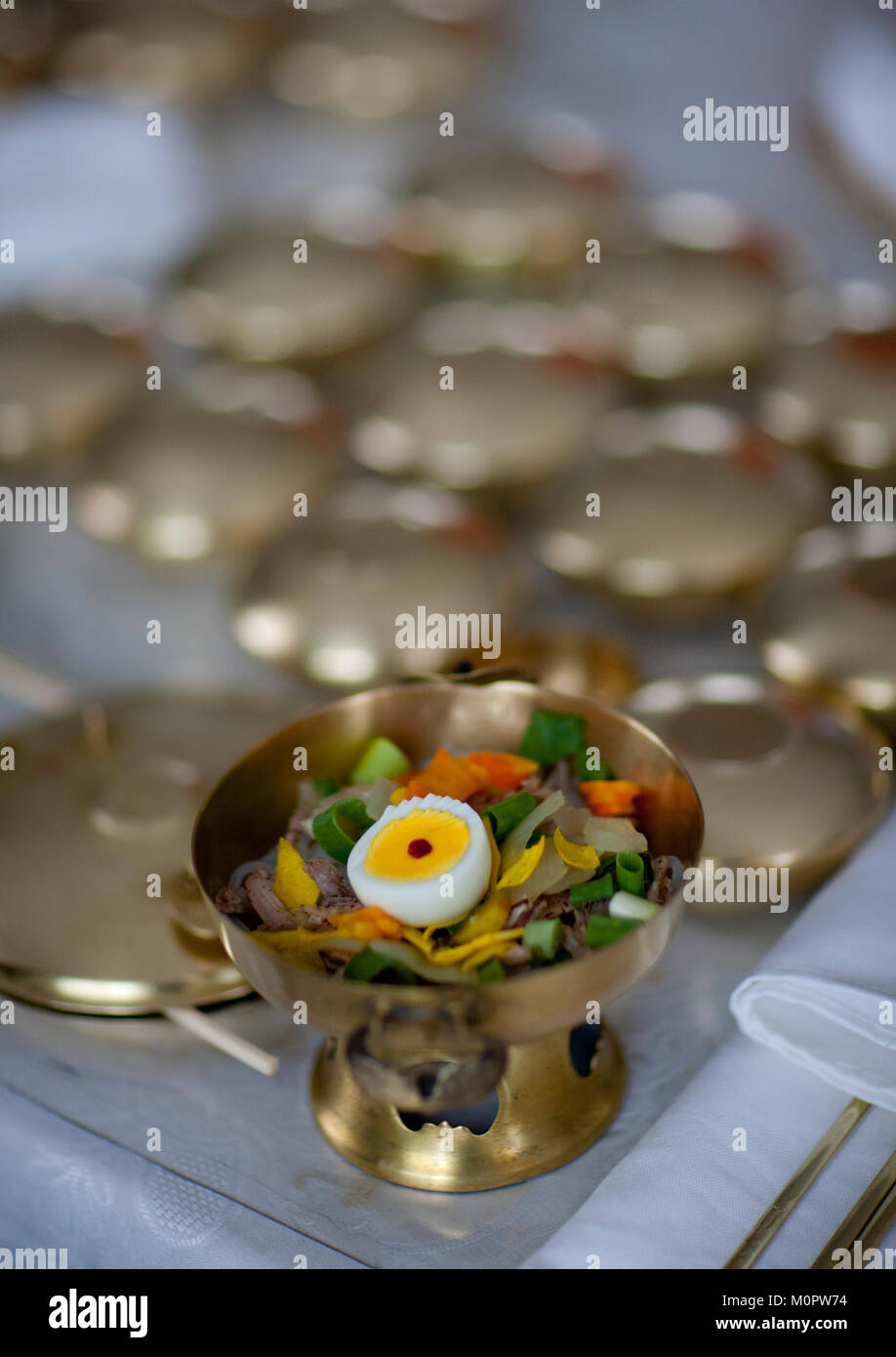 Traditional meal for tourists in a Korean restaurant, Pyongan Province ...