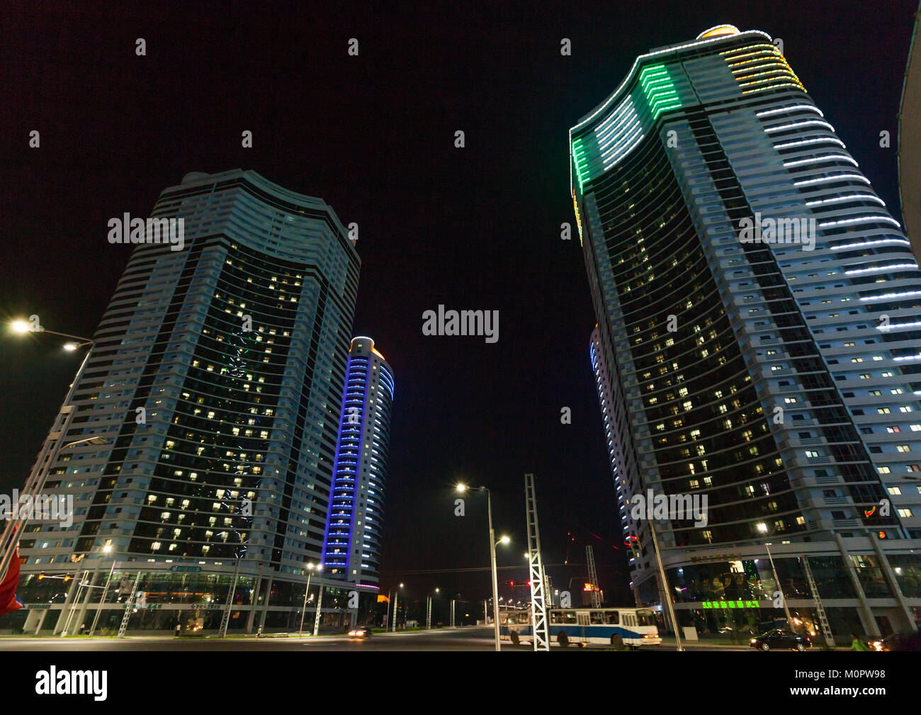 New buildings in Changjon area illuminated in the night, Pyongan ...