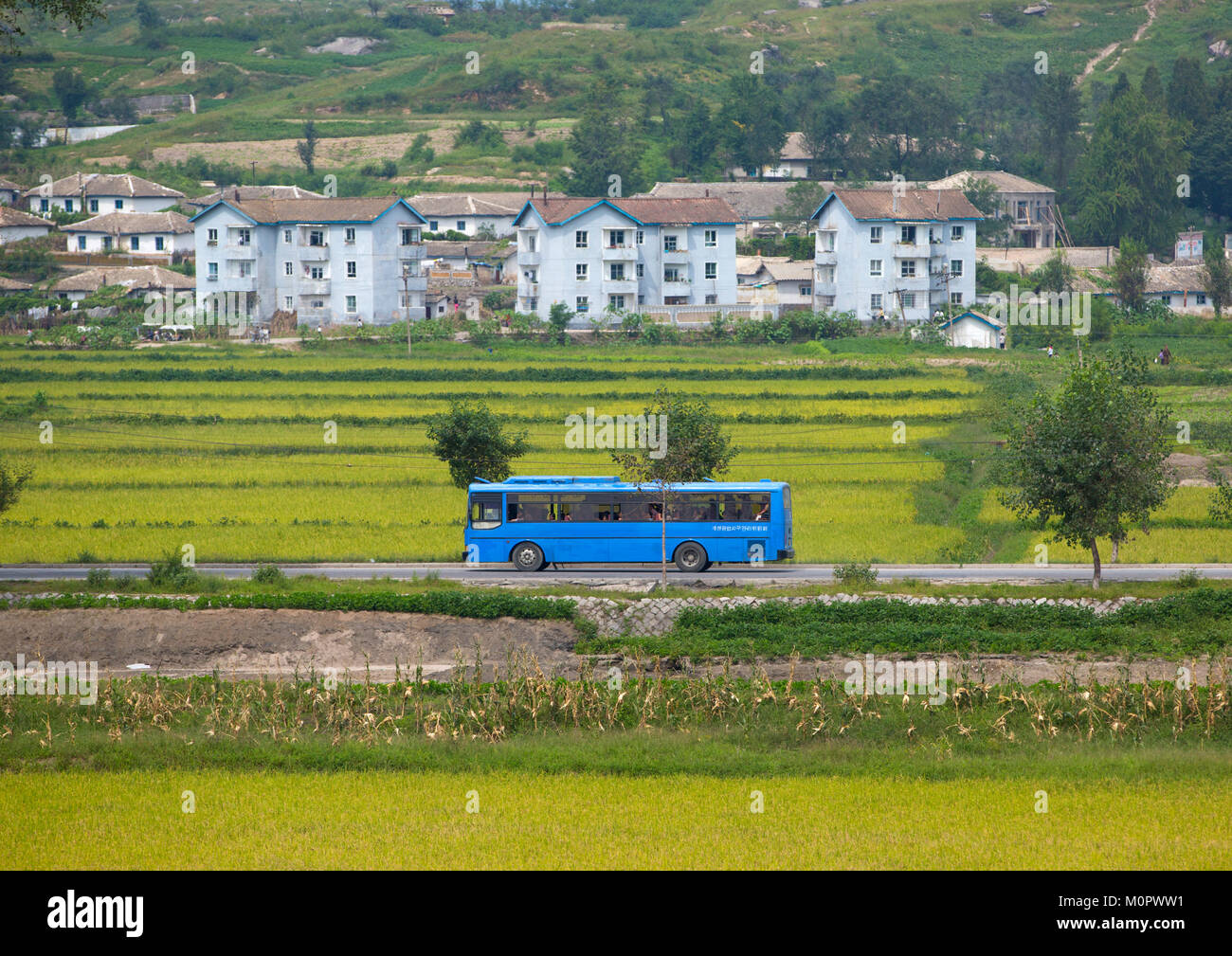 Blue bus passing in the countryside, North Hwanghae Province, Kaesong ...