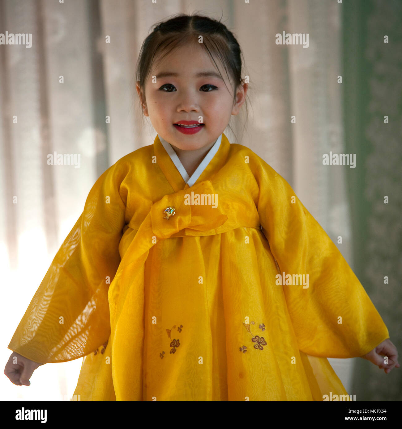 Portrait of a North Korean little girl in traditional choson-ot, North ...