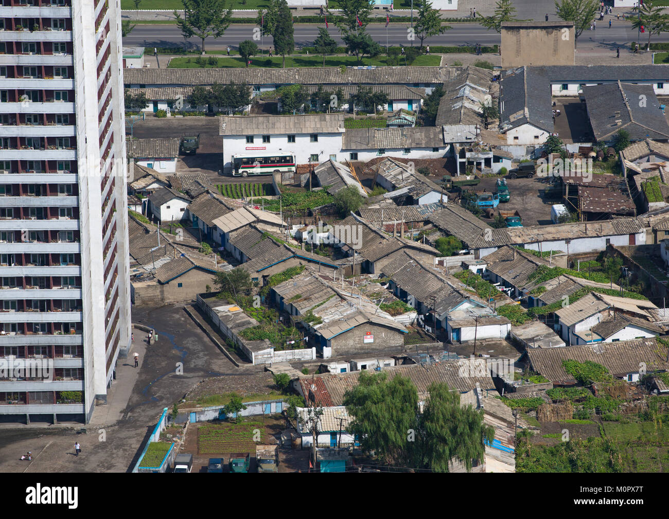 Old buildings seen from the top of the Juche tower, Pyongan Province ...