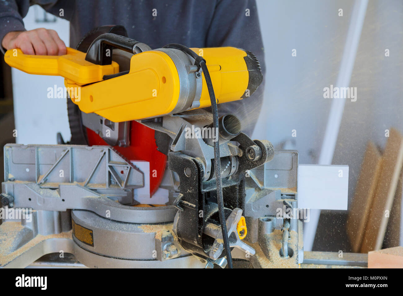 Carpenter tools on wooden table with sawdust. Carpenter workplace top ...