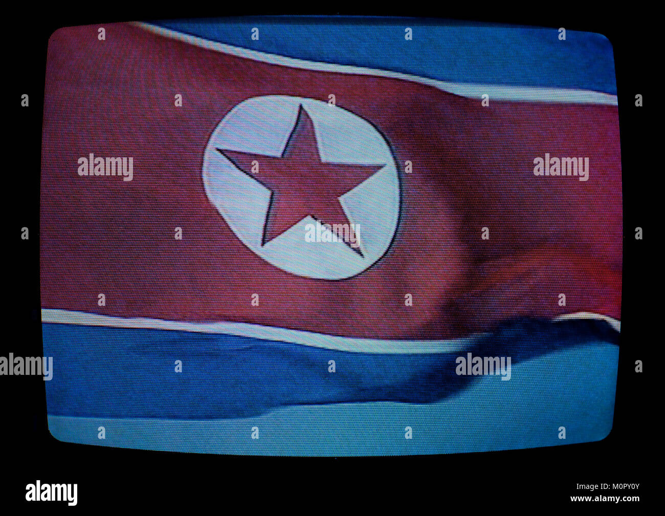North Korean flag on a television screen, Pyongan Province, Pyongyang ...