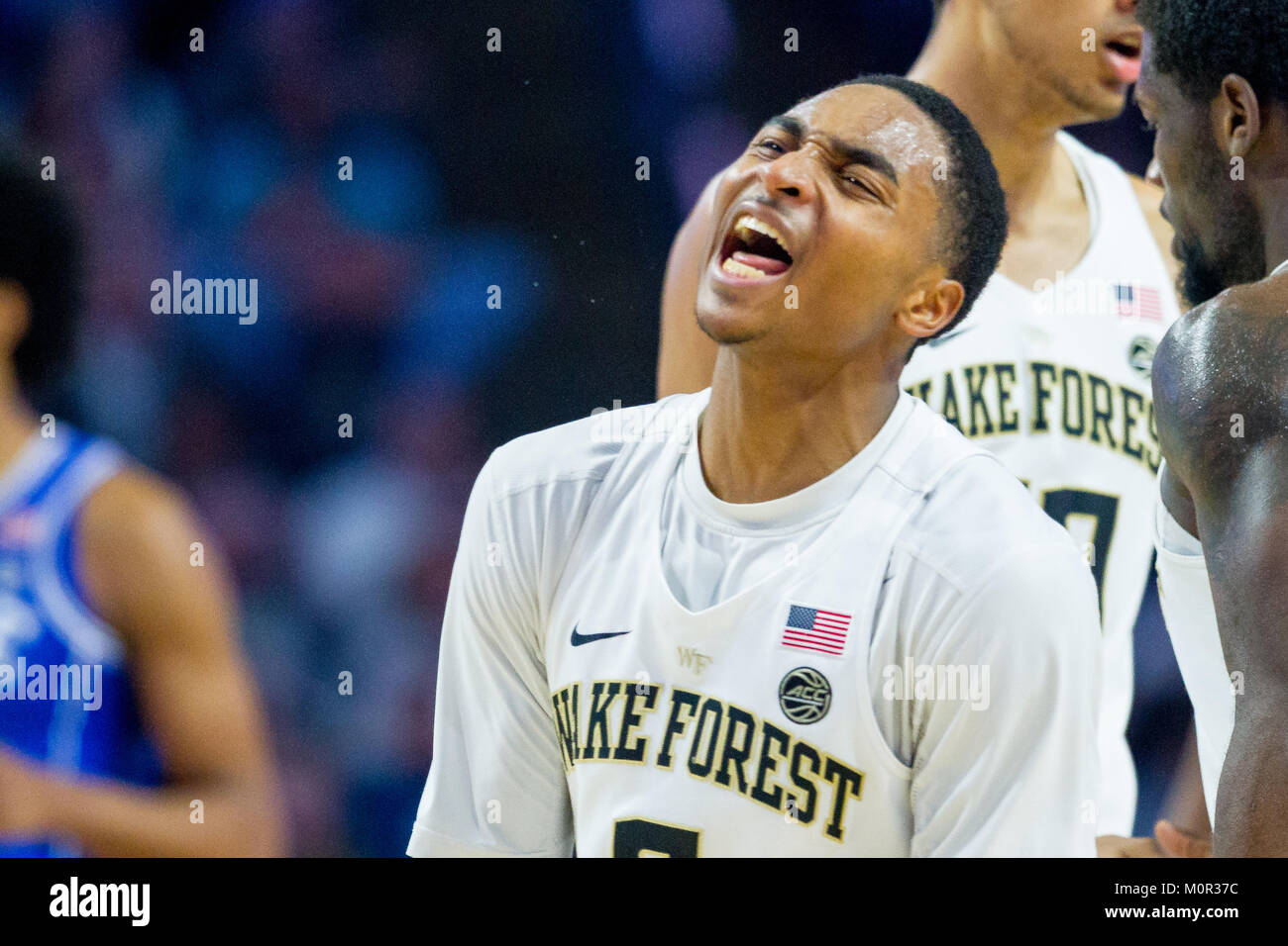 Winston-Salem, NC, USA. 23rd Jan, 2018. Wake Forest Demon Deacons guard Brandon Childress (0 ...
