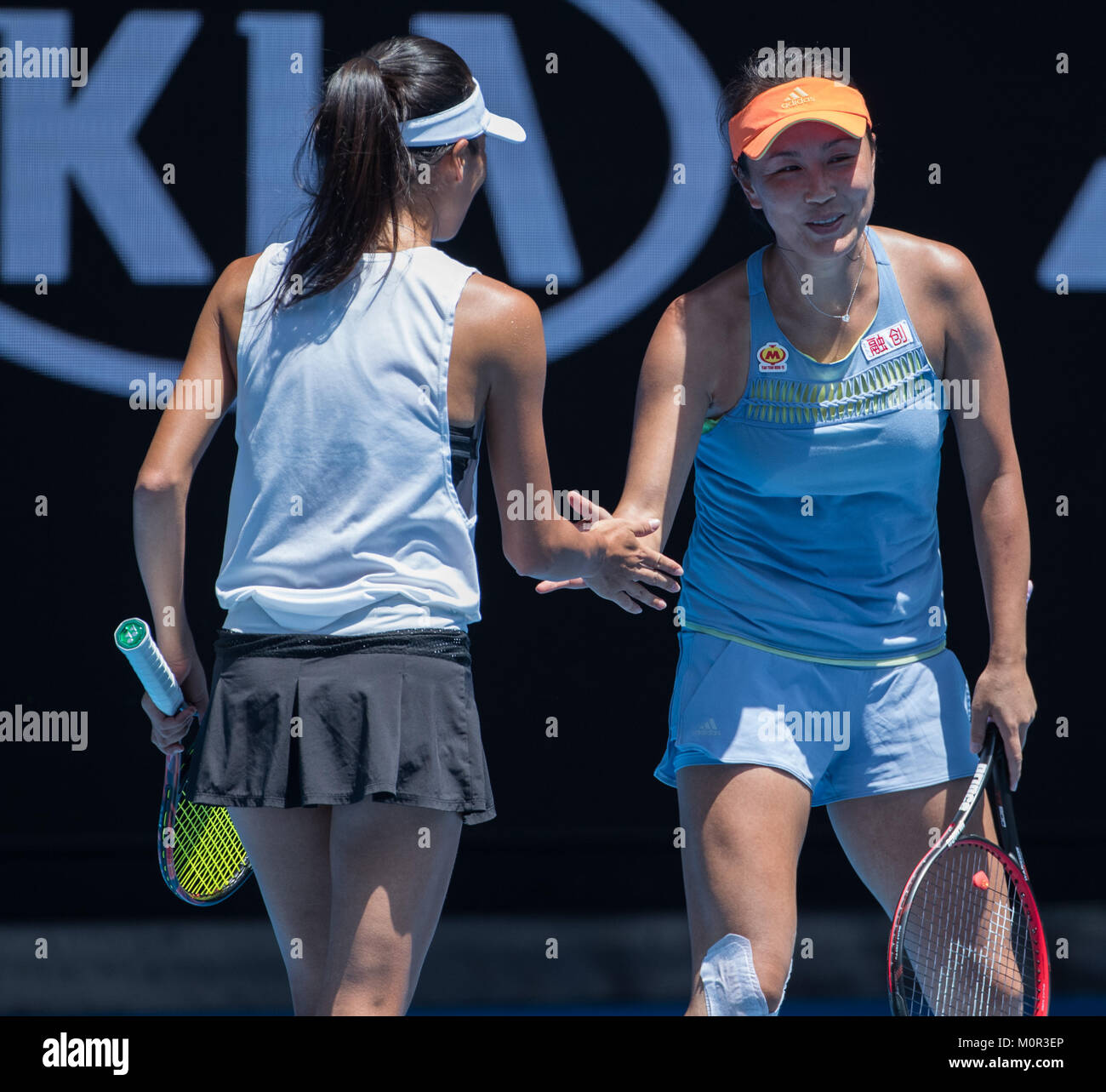 Melbourne, Australia. 24th Jan, 2018. Peng Shuai (R) of China and Hsieh Su-Wei of Chinese Taipei ...