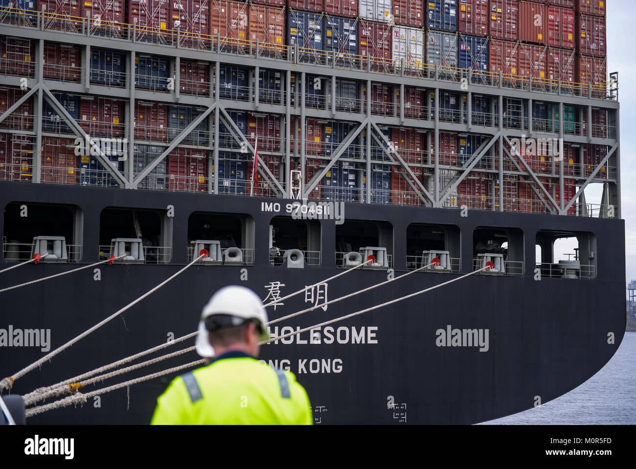 Hamburg, Germany. 23rd Jan, 2018. The container freight "YM Wholesome ...