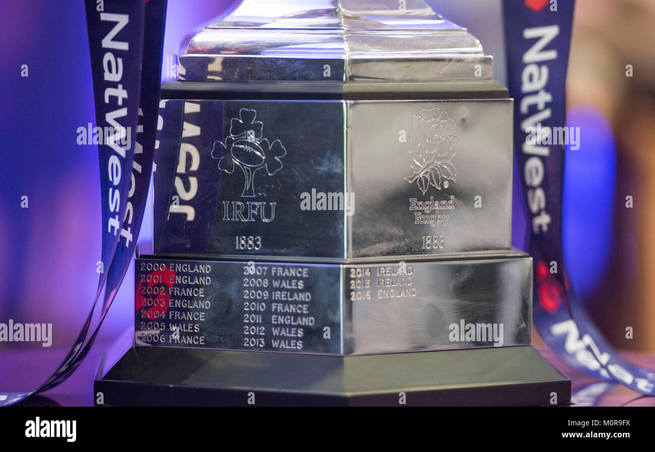 London, UK. 24th Jan, 2018. Detail of the Six Nations trophy on display ...