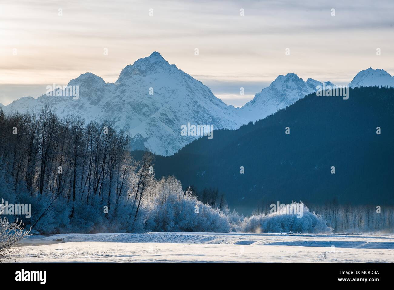 Chilkat River and Mountains in snow on a sunrise. Alaska.USA Stock ...