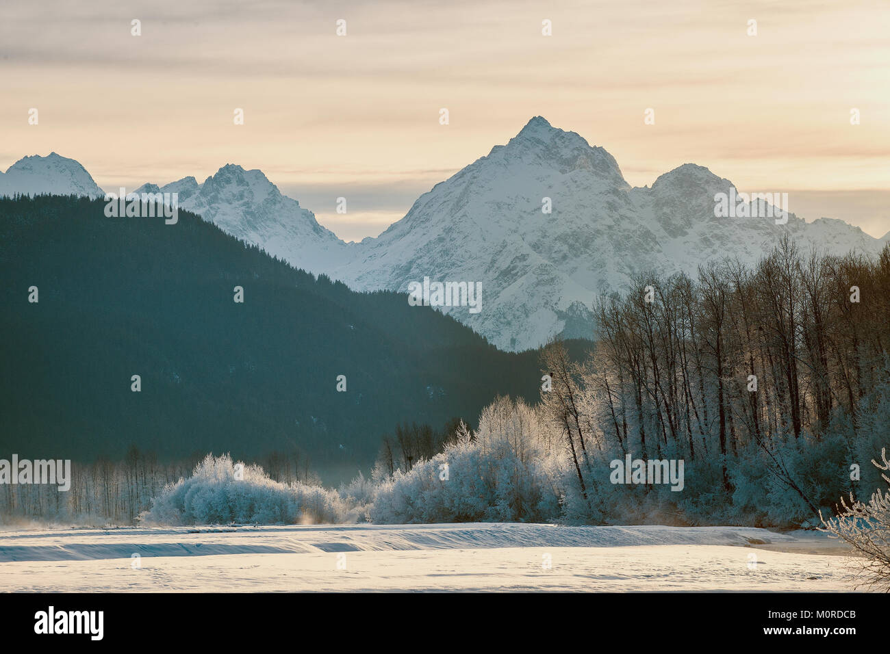 Chilkat River and Mountains in snow on a sunrise. Alaska.USA Stock ...