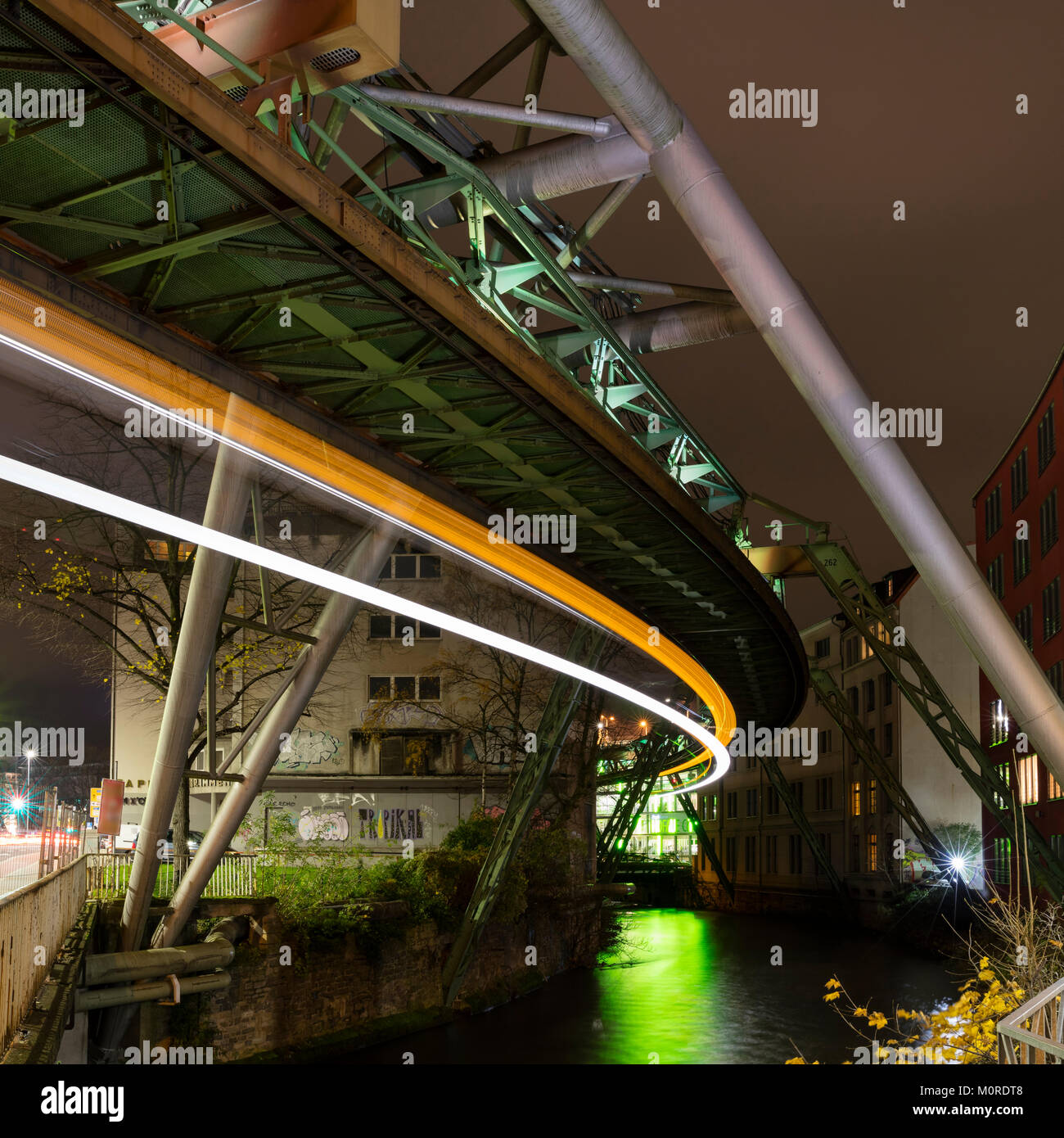 Germany, Wuppertal, lighted overhead railway, support structure, light ...