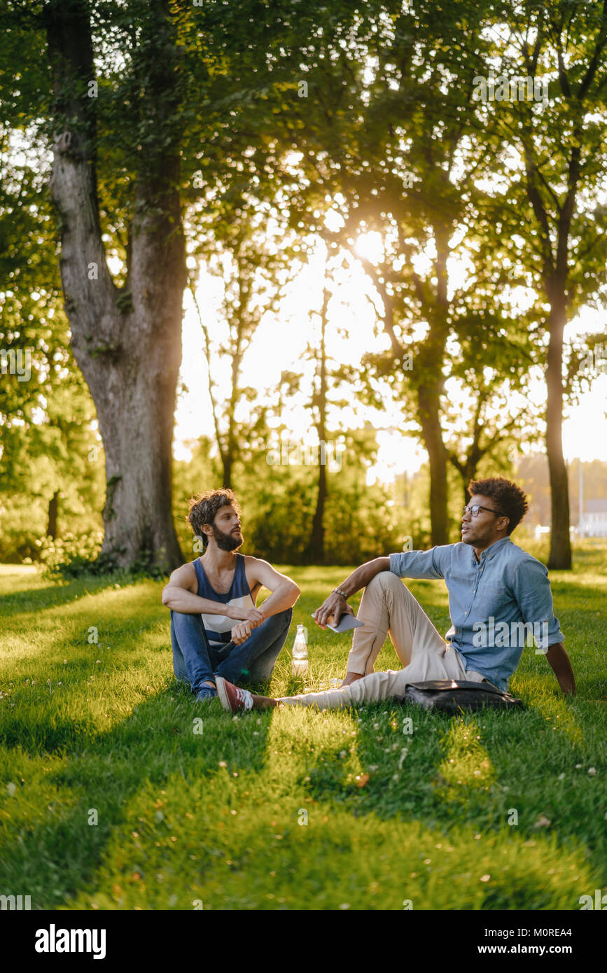 Two friends sitting in a park with mobile device and papers Stock Photo ...