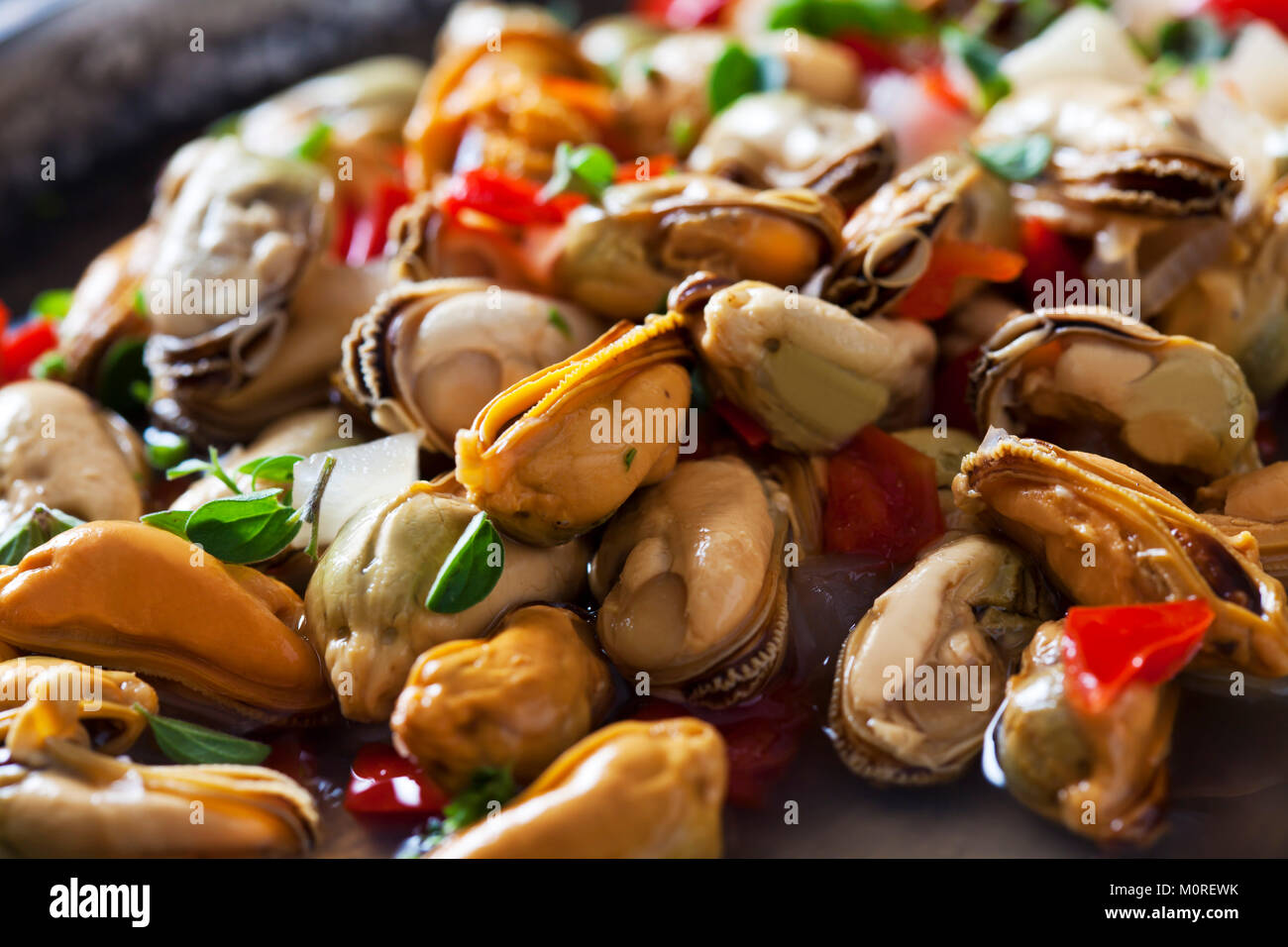 Marinated blue mussels, close-up Stock Photo - Alamy