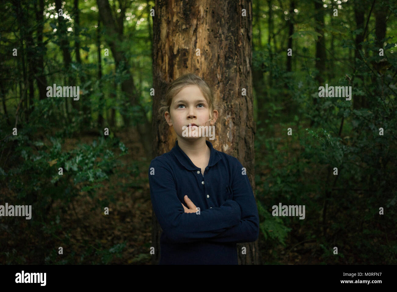 Thinking girl on a tree trunk hi-res stock photography and images - Alamy