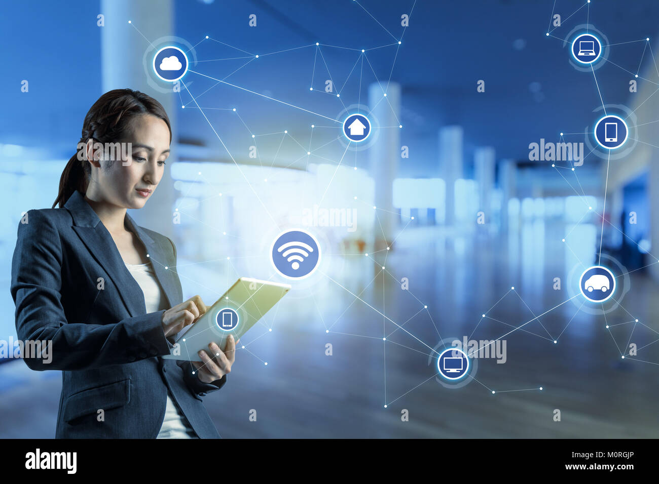 young woman using tablet PC and Internet of Things concept. smart city ...