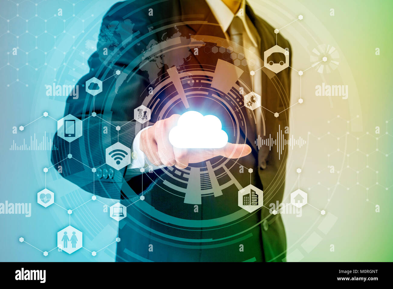 business person pointing symbolic icon, internet of things, conceptual ...