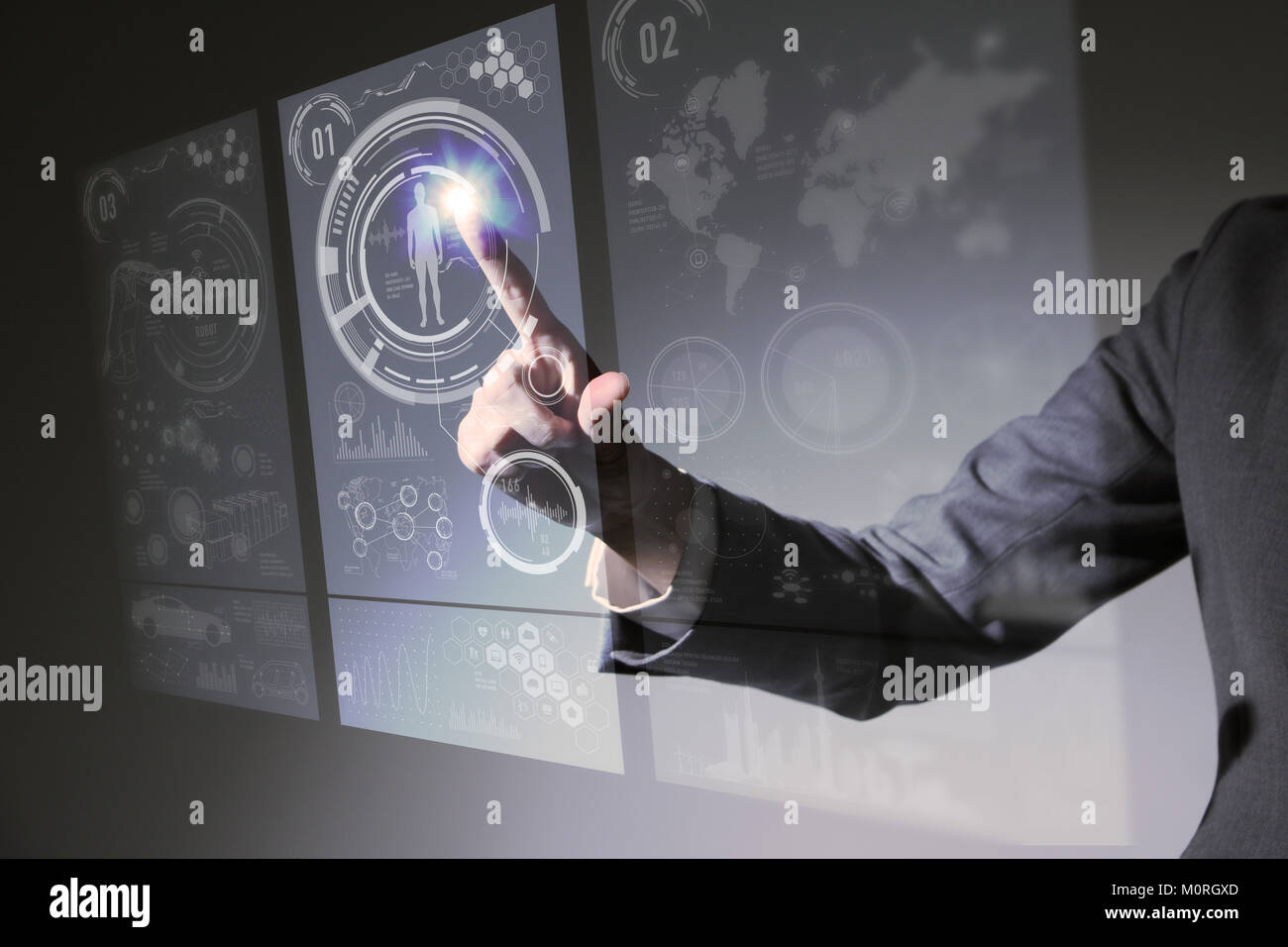 businesswoman pointing hologram interface, futuristic GUI(Graphical ...