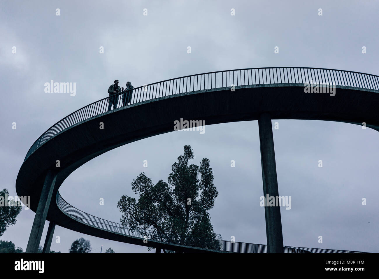 Two businessmen standing on dark bridge, having a meeting Stock Photo ...