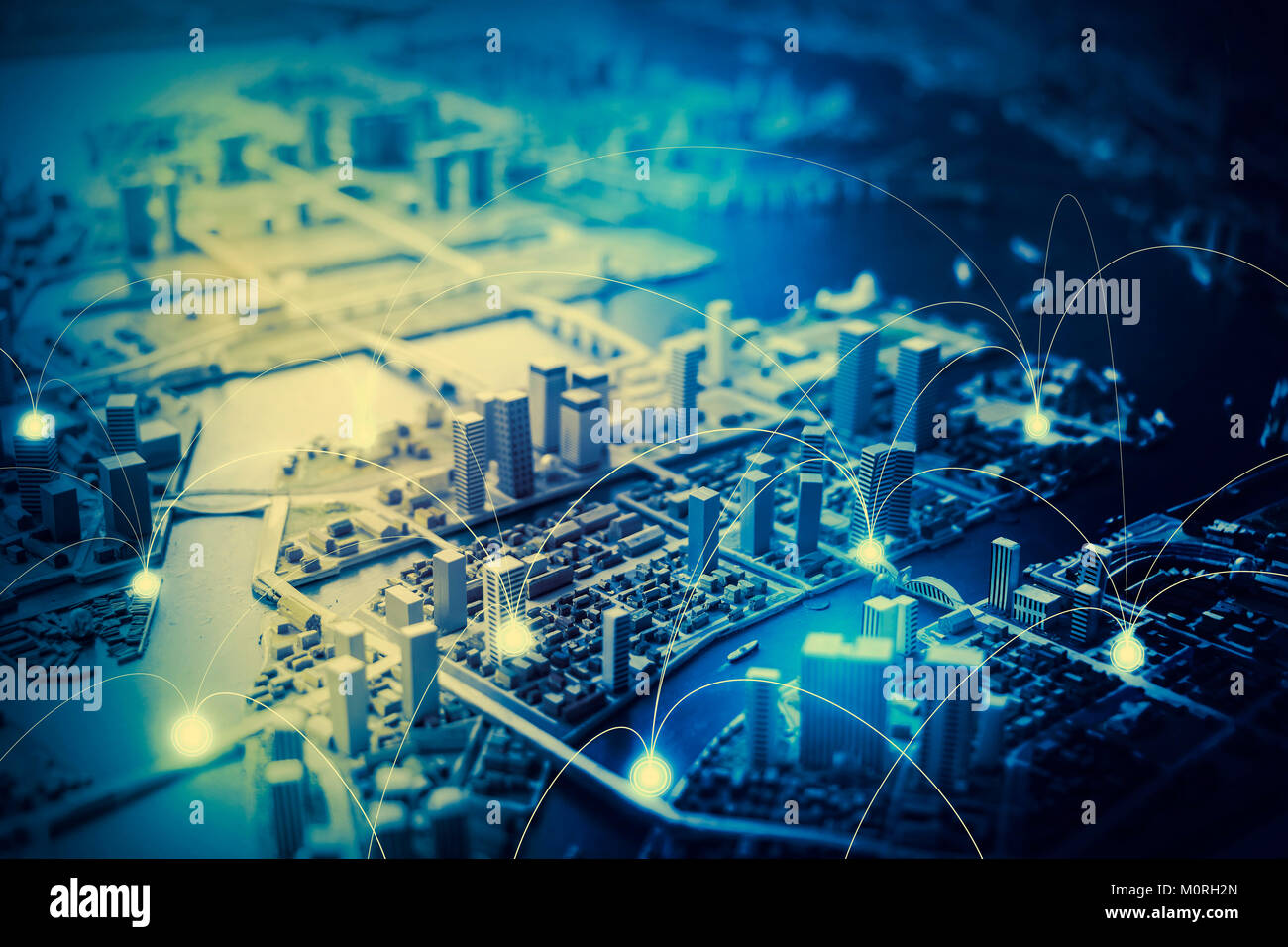duotone graphic of smart city diorama and communication network concept ...